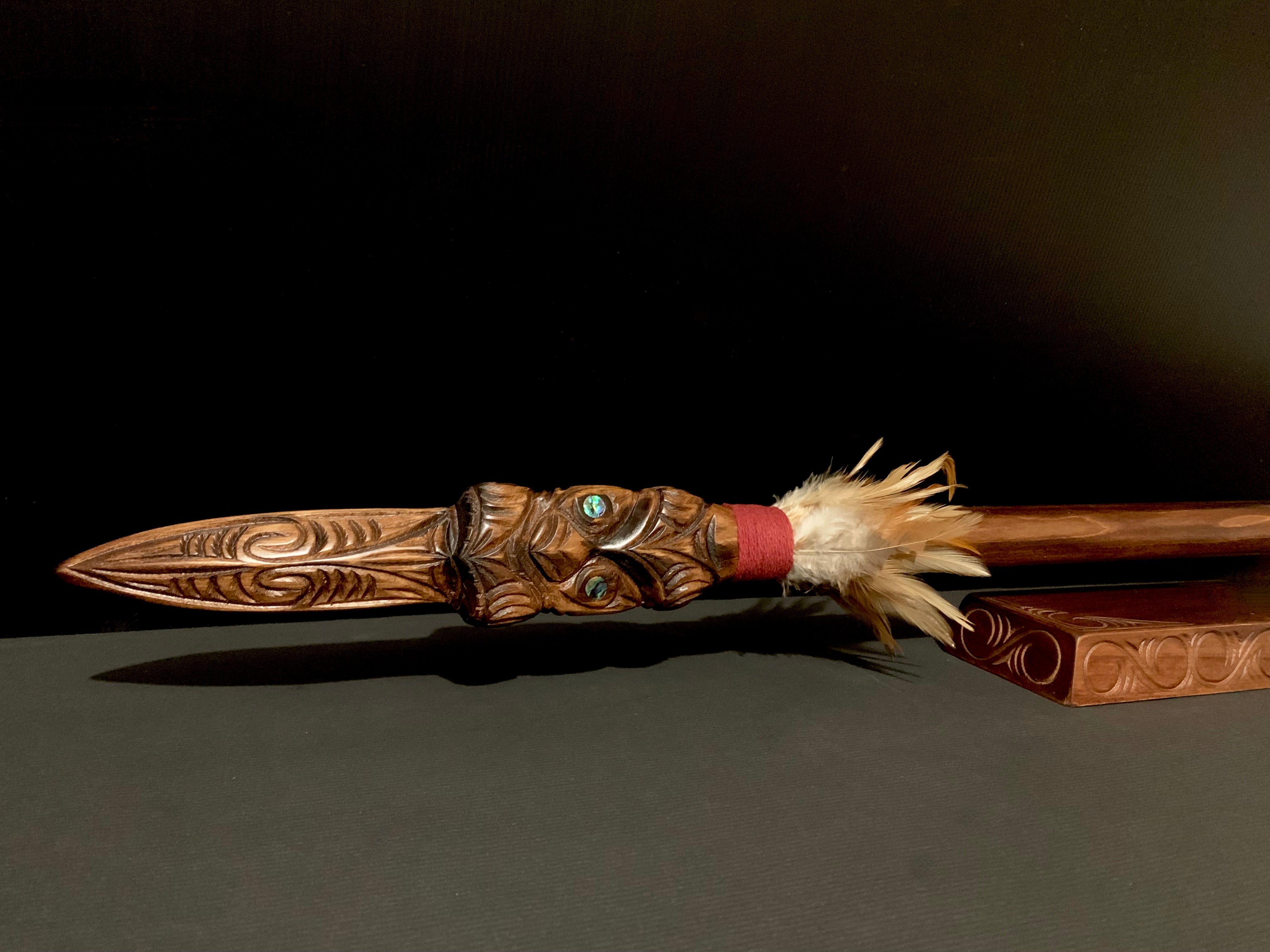 Carved Maori Taiaha on stand – silverferngallery